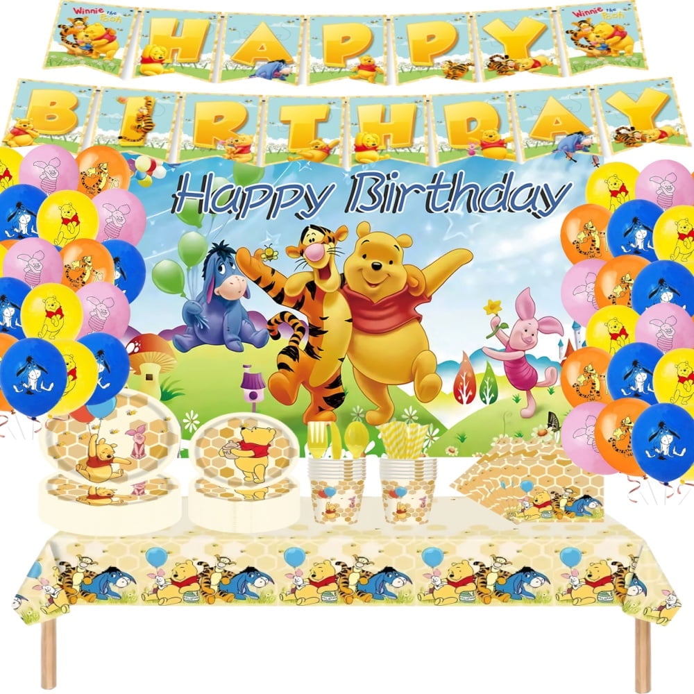 Winnie the Pooh Theme Party Decorations Tableware Set , 125PCS Winnie ...