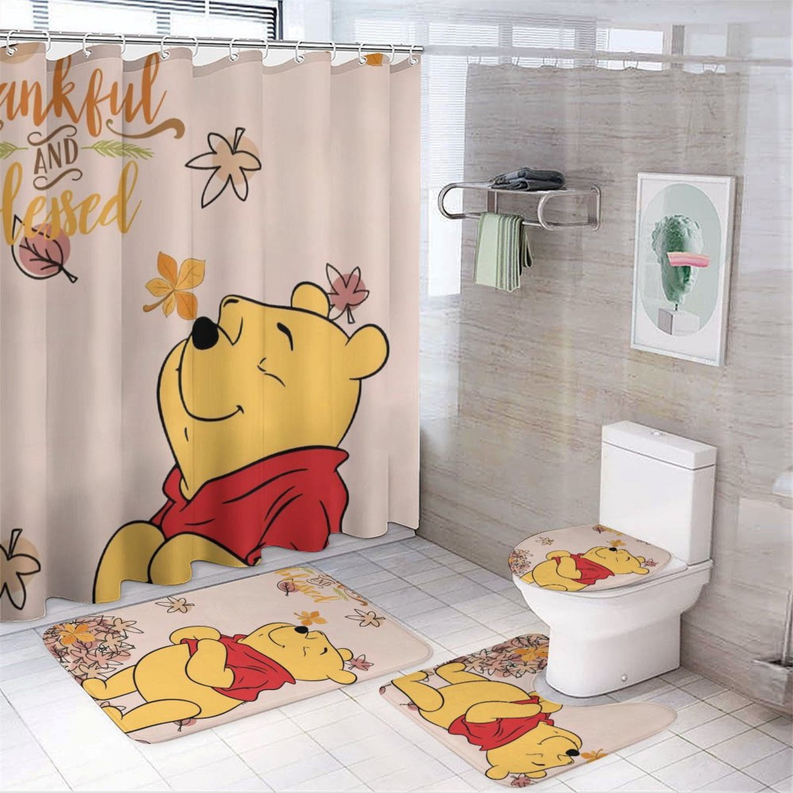 Winnie The Pooh Cartoon 4-piece Shower Curtain Set Non-slip Carpet ...