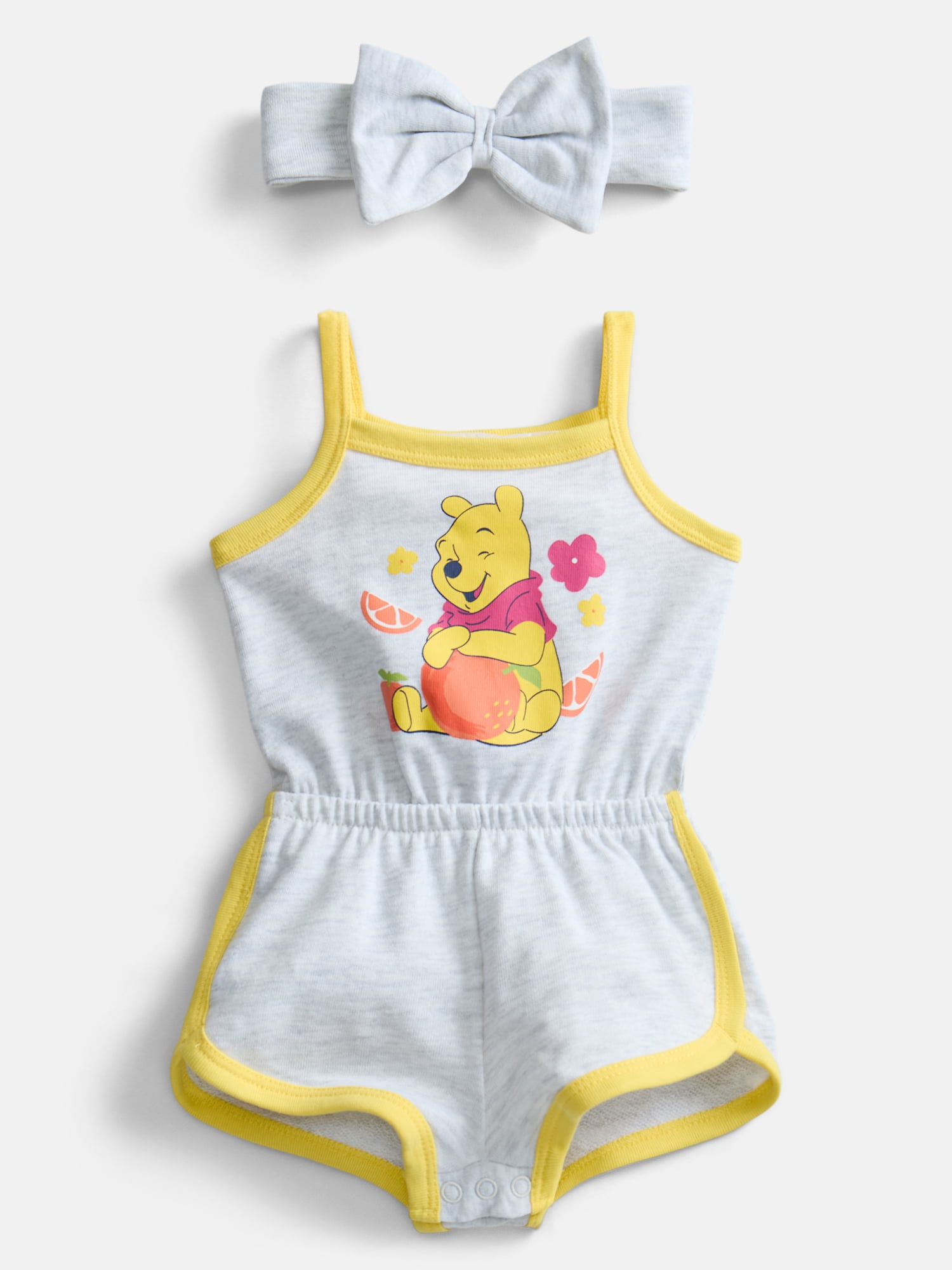 Winnie the Pooh Baby Girls Sleeveless Graphic Romper with Matching Bow ...