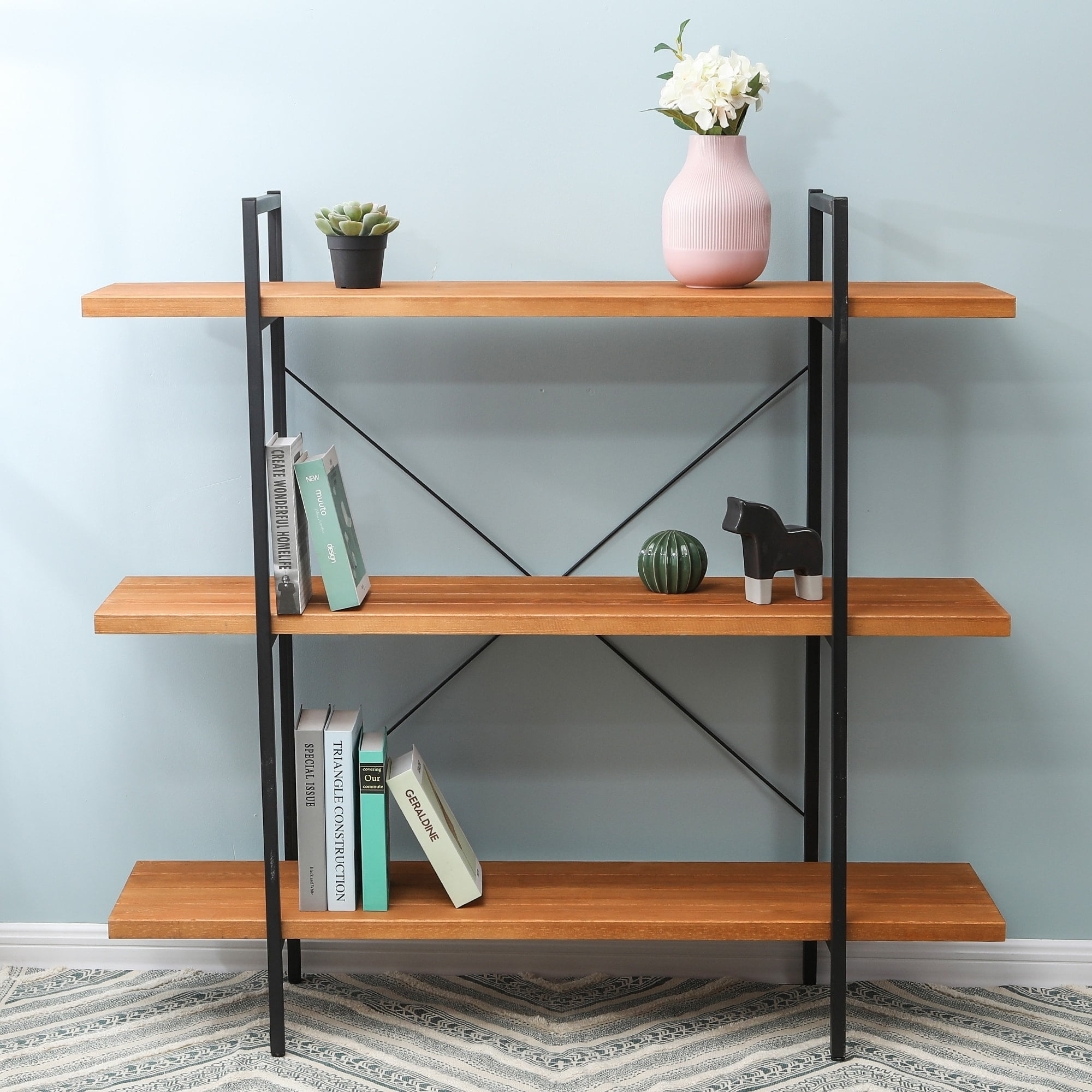 Winsome House Natural Wood and Metal 48-inch 3-Shelf Open-Back Bookcase ...