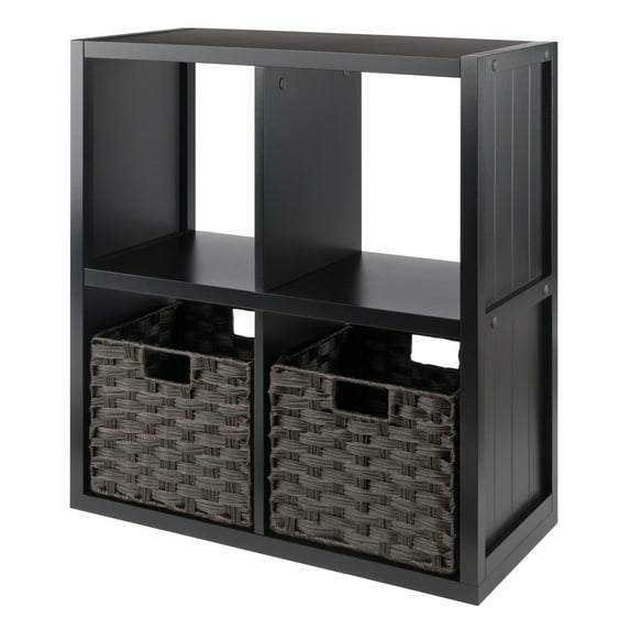 Winsome Wood Timothy 2x2 Black Storage Shelf with 2 Foldable Woven ...