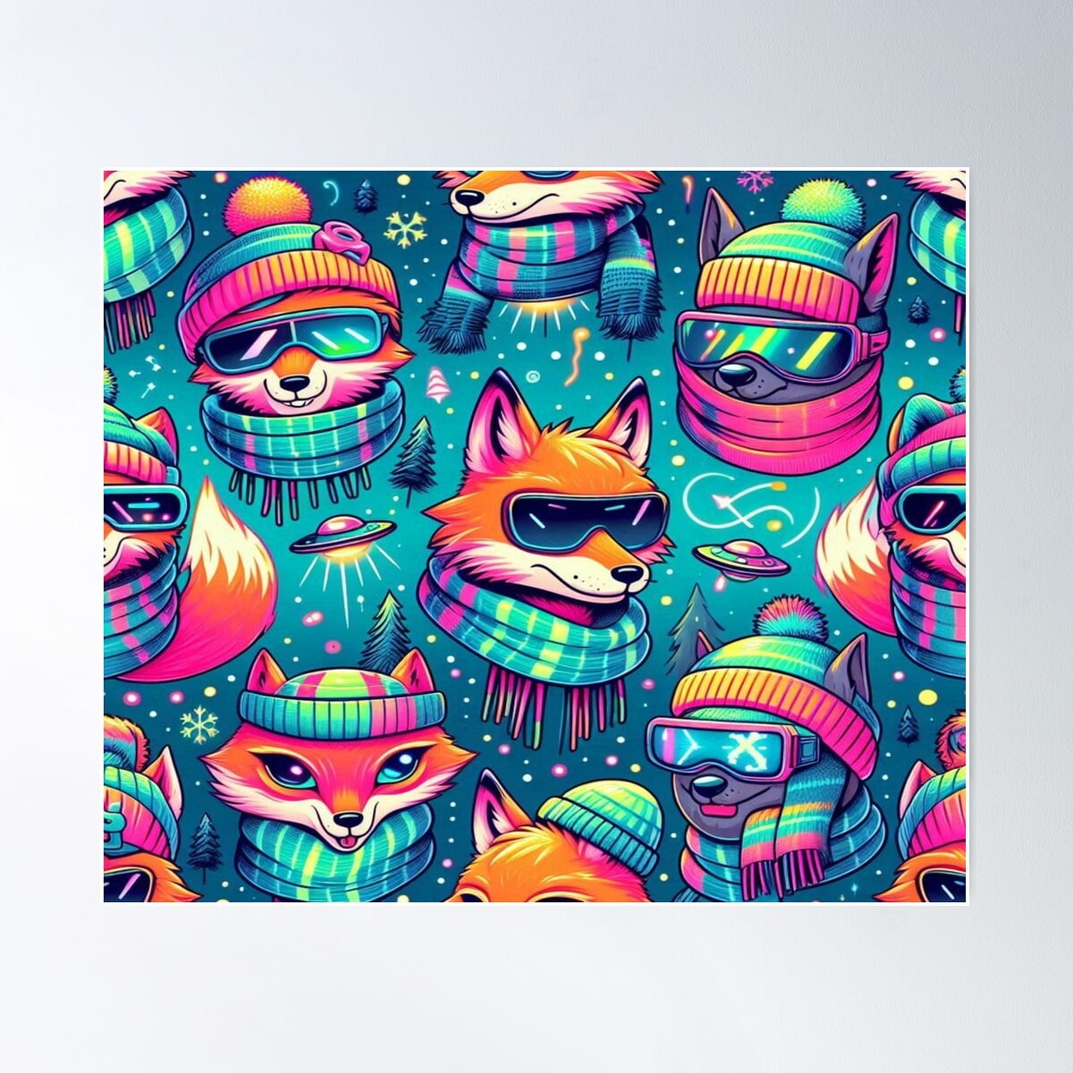 Winter Alien Fox Doodles Poster Wall Art, Modern Wall Decor For Living ...