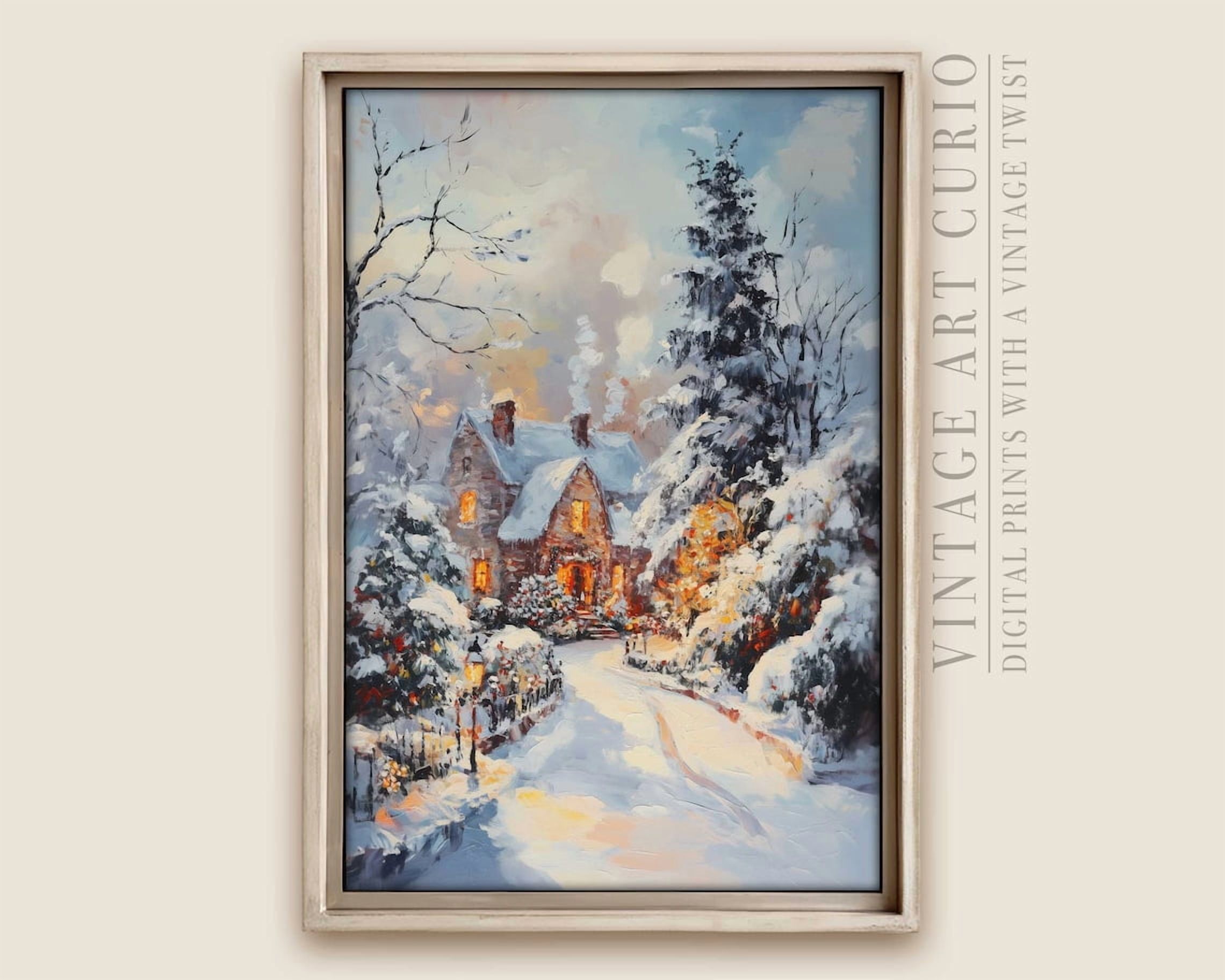 Winter Americana Village Wall Art Print, Rustic Farmhouse Scenery, Cozy ...