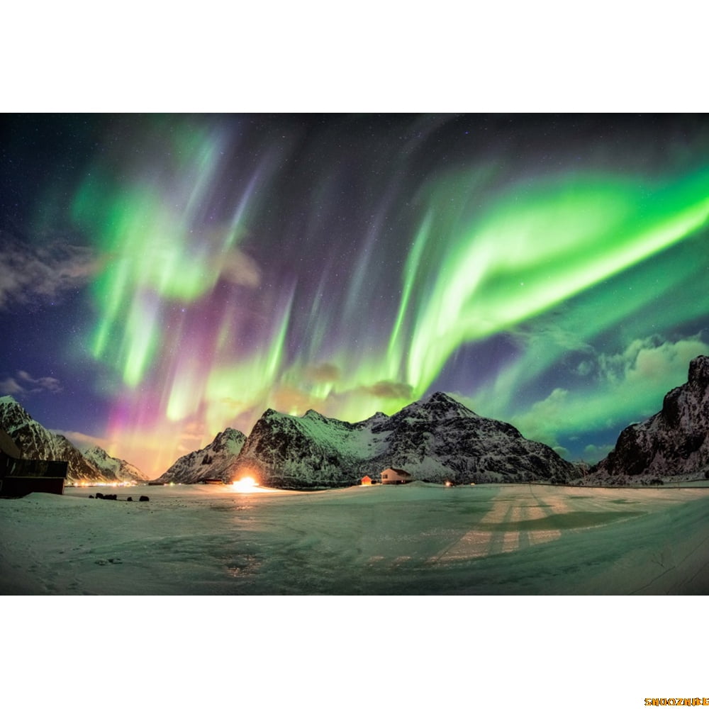 Winter Aurora Night Natural Sce Backdrop Arctic Snow Capped Mountains ...