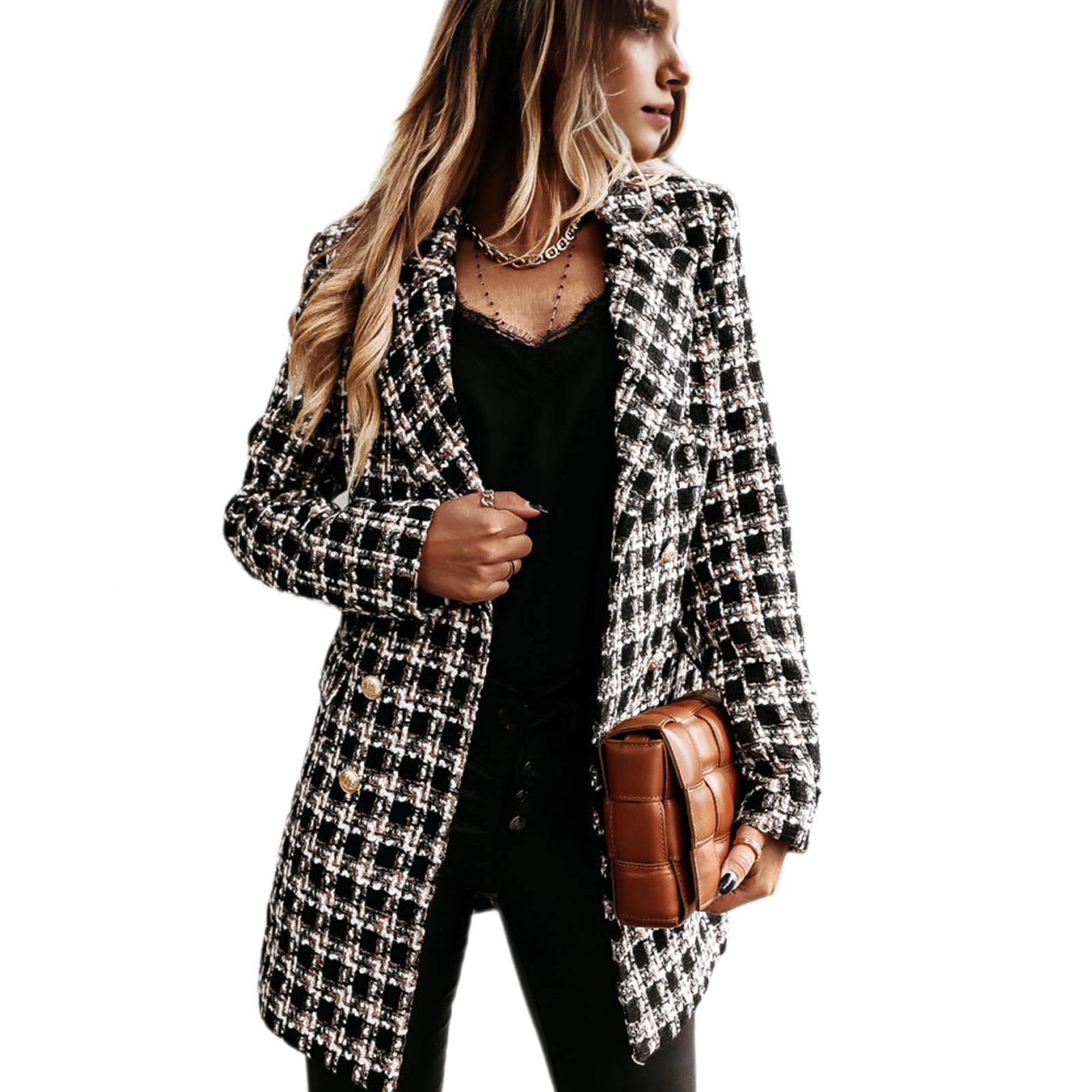 Winter Autumn Lady Coat Turn-down Collar Plaid Print Double-breasted ...