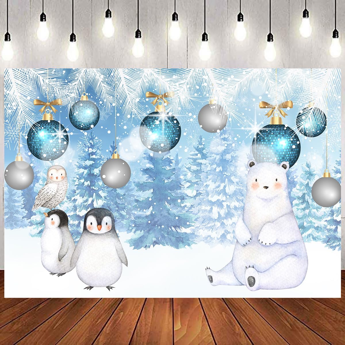 Winter Backdrop Glitter Forest Penguin Polar Bear Wonderland Snowflake ...