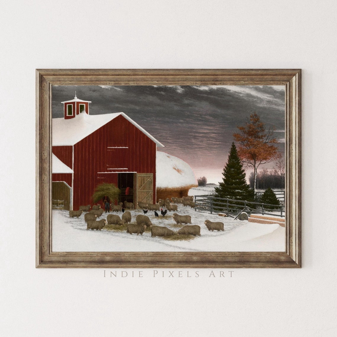 Winter Barn, Vintage Folk Art Print, Red Barn, Sheep Home Decor #88 ...