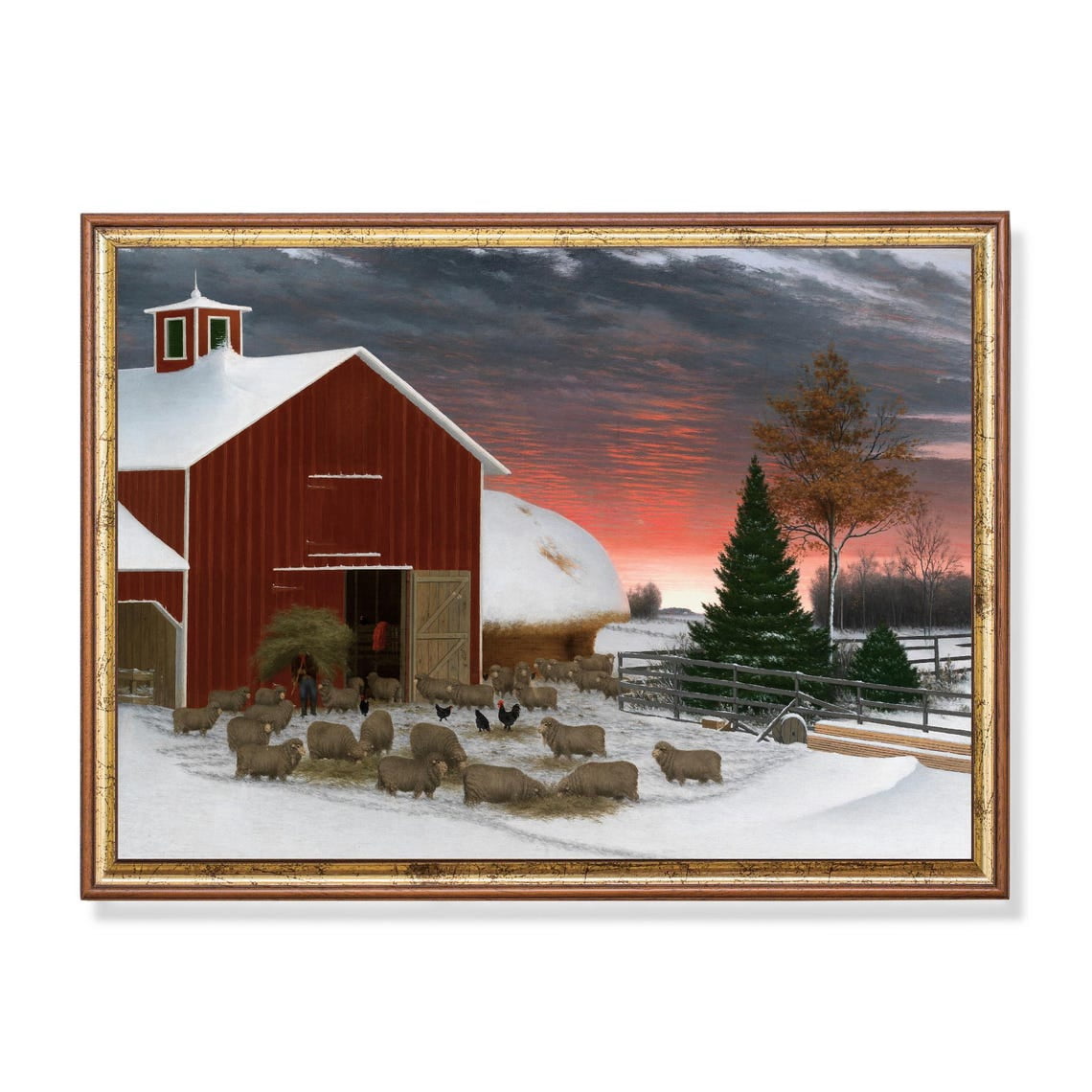 Winter Barnyard Poster Sheep, Hens, Antique Snow Scene UNFRAMED Poster ...