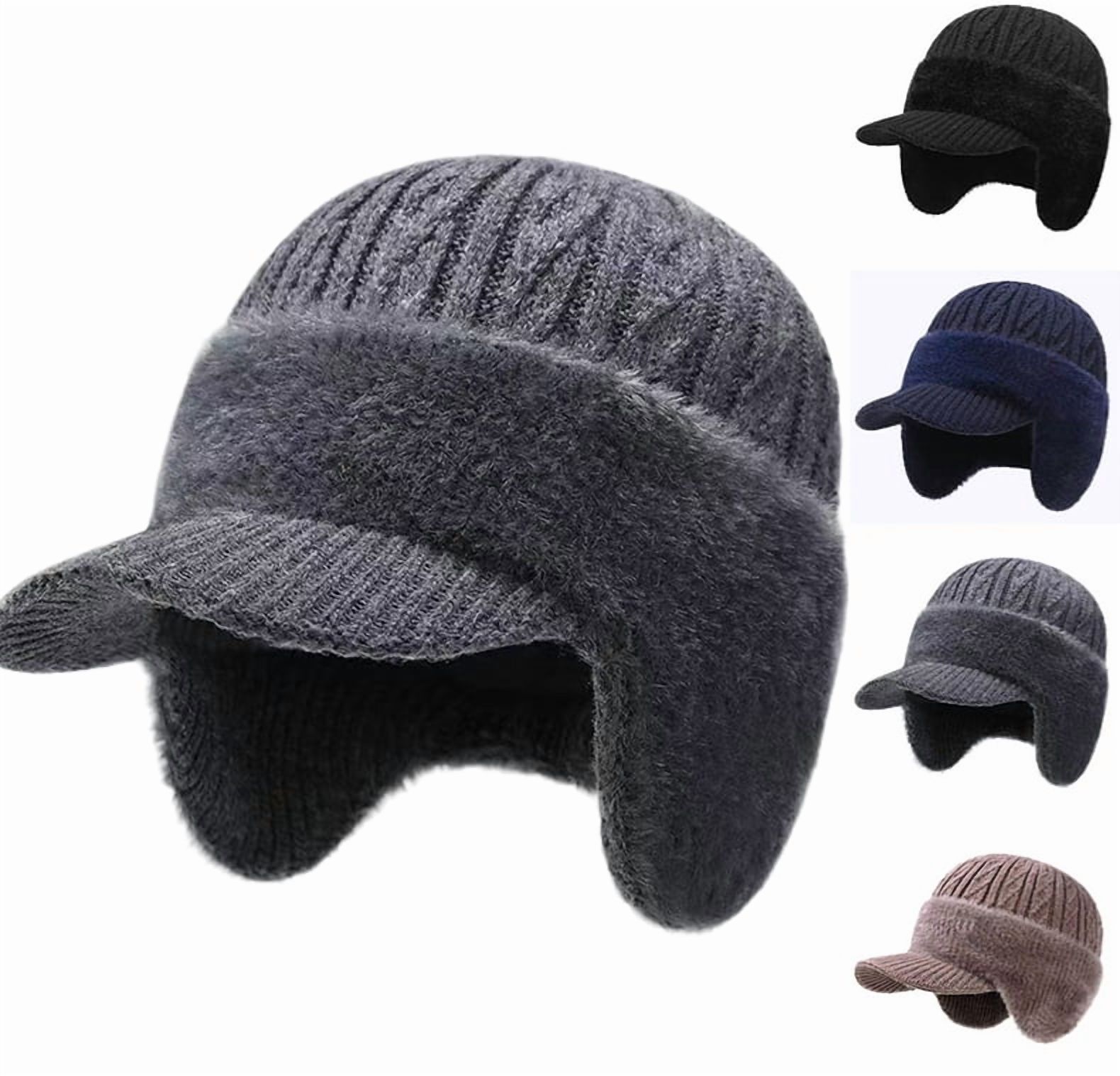 Winter Beanie with Brim Ear Flaps for Men Women, Warm Fleece Lined Knit ...