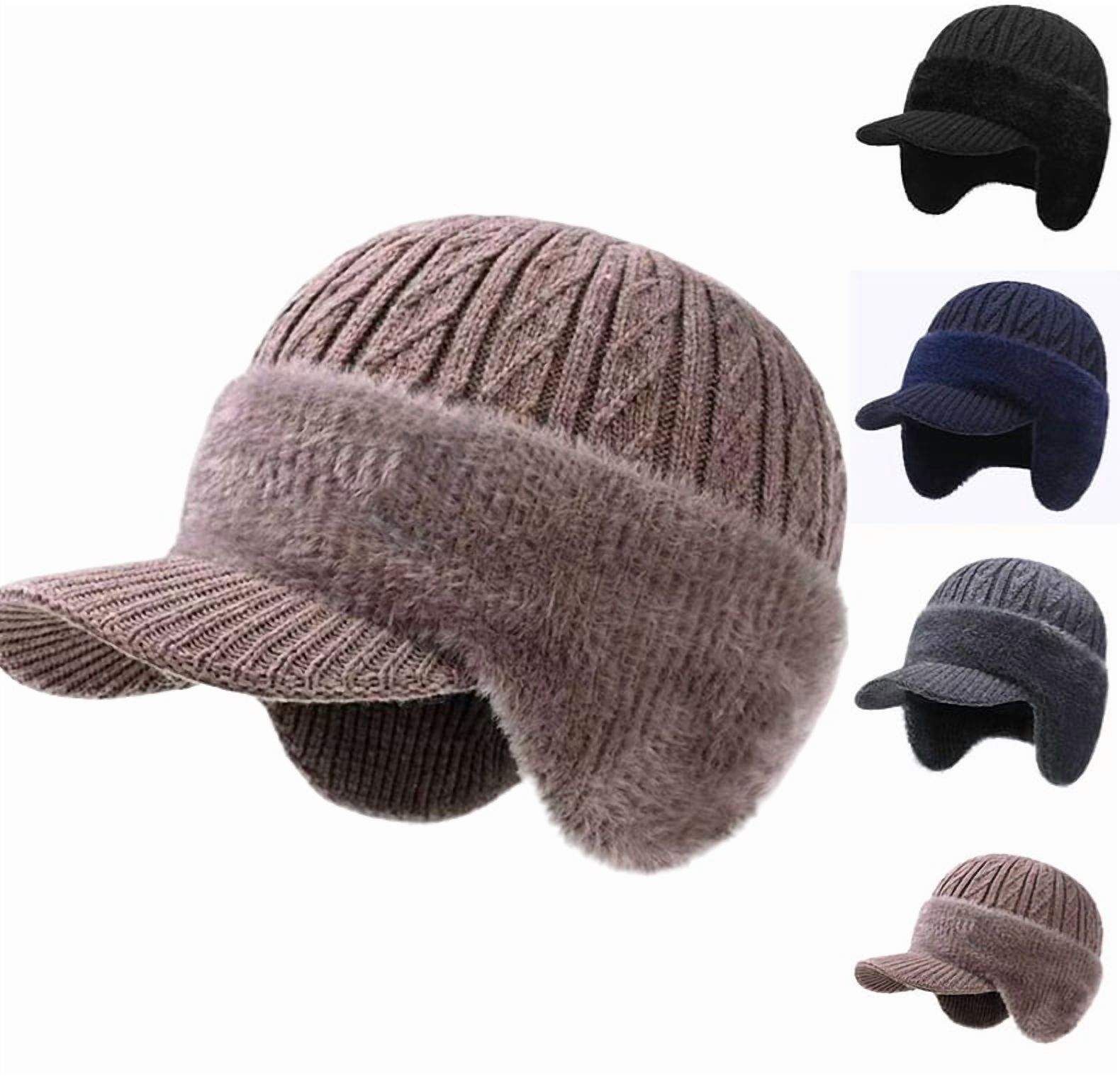 Winter Beanie with Brim Ear Flaps for Men Women, Warm Fleece Lined Knit ...