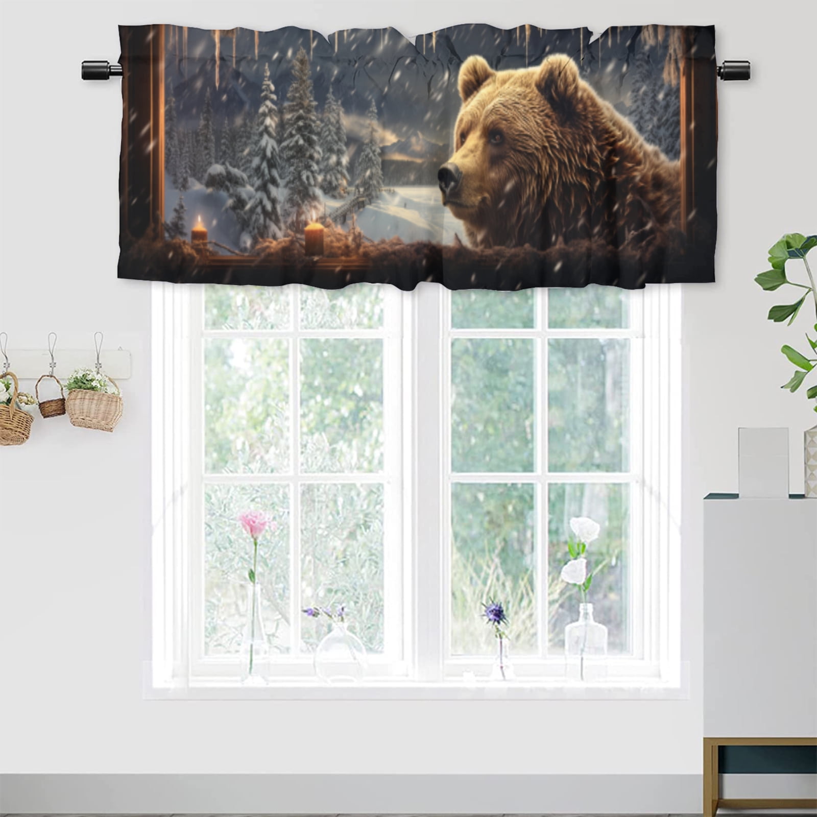 Winter Bear Curtain Valances for Kitchen Windows Rutsic Cabin Farmhouse ...