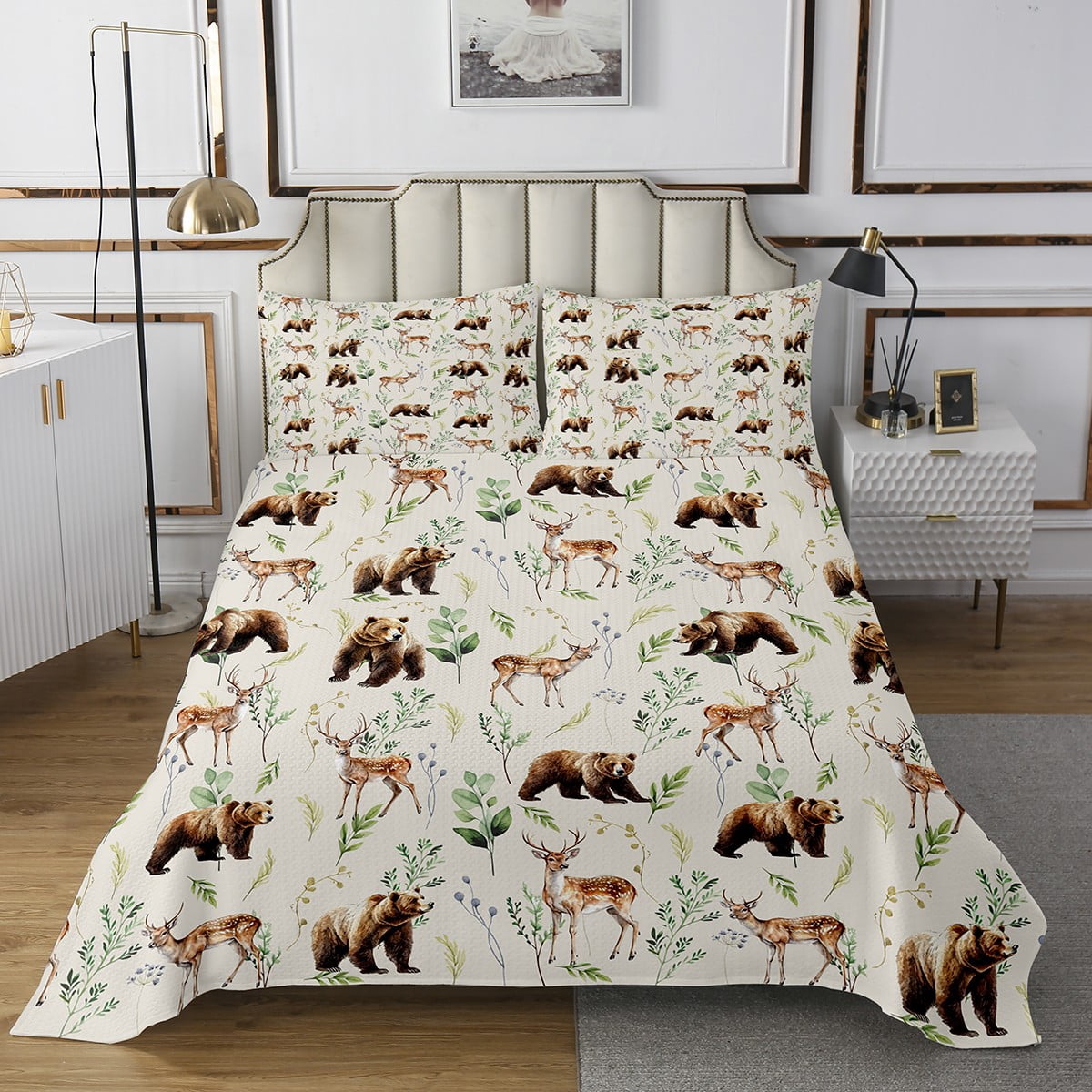 Winter Bear Deer Hunting Bedspread Set Queen Size,Cute Woodland Safari ...
