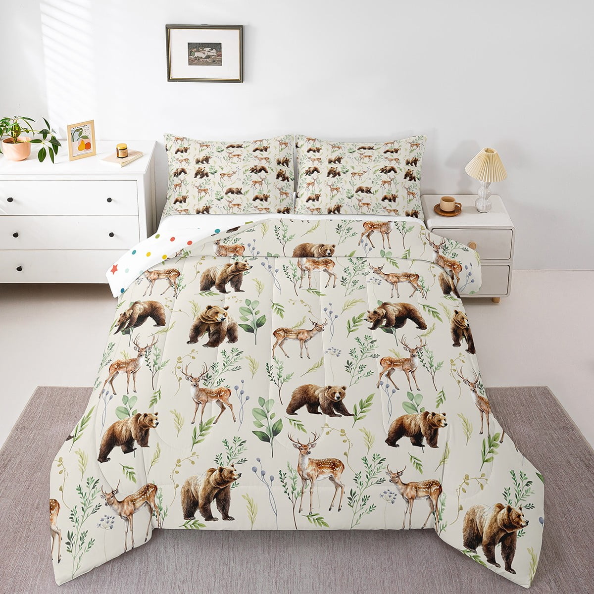Winter Bear Deer Hunting Comforter Set Full,Cute Woodland Wild Safari ...