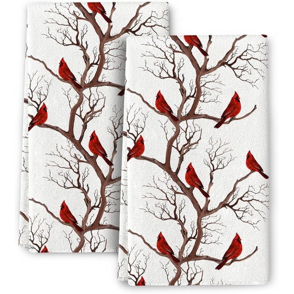 Winter Birds Cardinal Christmas Decor Kitchen Dish Towels Set of 2 ...