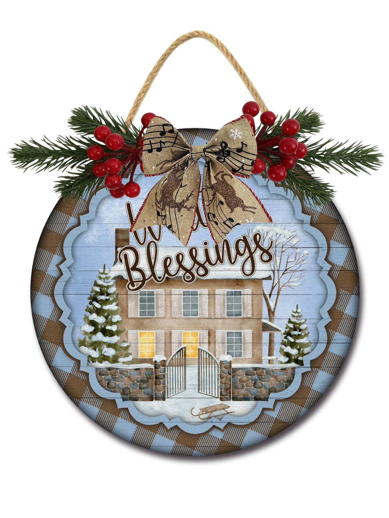 Winter Blessings Sign Front Door Porch Decorations, Round Rustic Wood ...