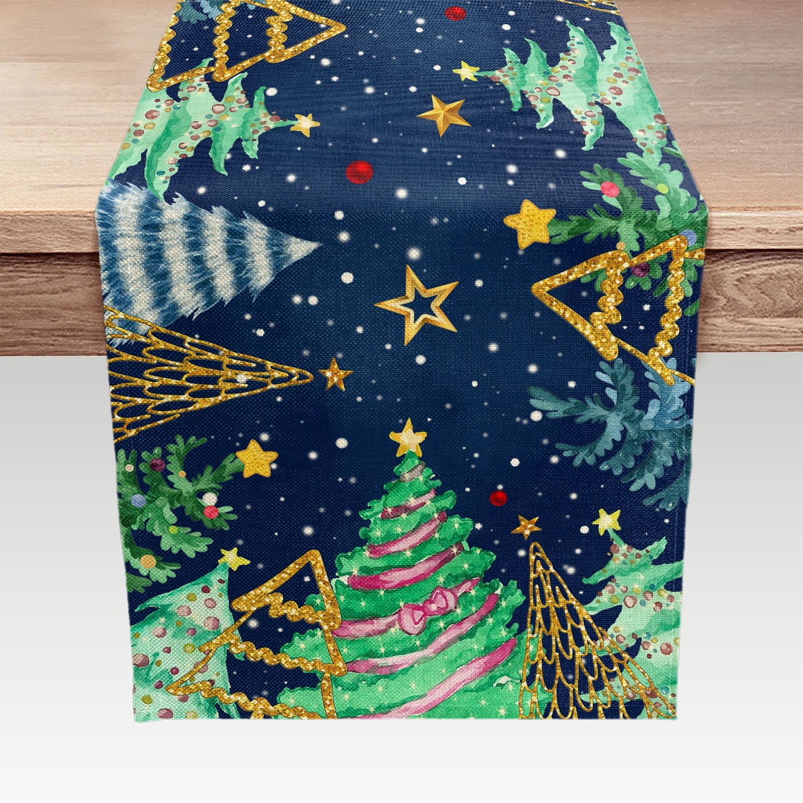Winter Blue Pine Tree Table Runner, Watercolor Forest in Snow Snowflake ...