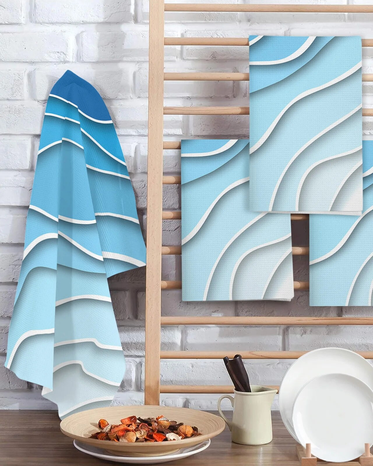 Winter Blue White Gradient Geometric Kitchen Cleaning Cloth Towel ...