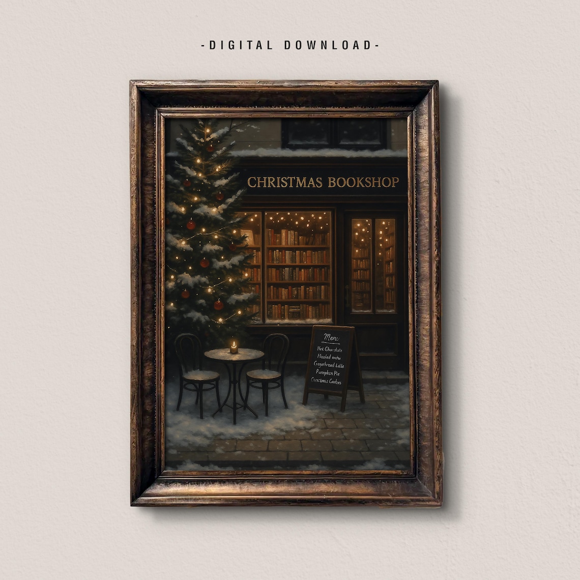 Winter Bookshop Poster, Cozy Bookstore Wall Art Print, Vintage Festive ...