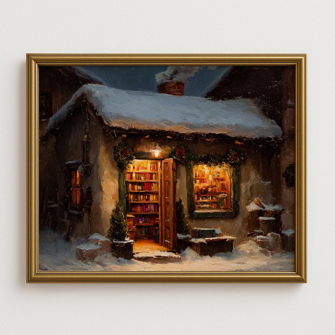 Winter Bookstore Cottage Wall Art, Cozy Winter Library Print, Snowy ...
