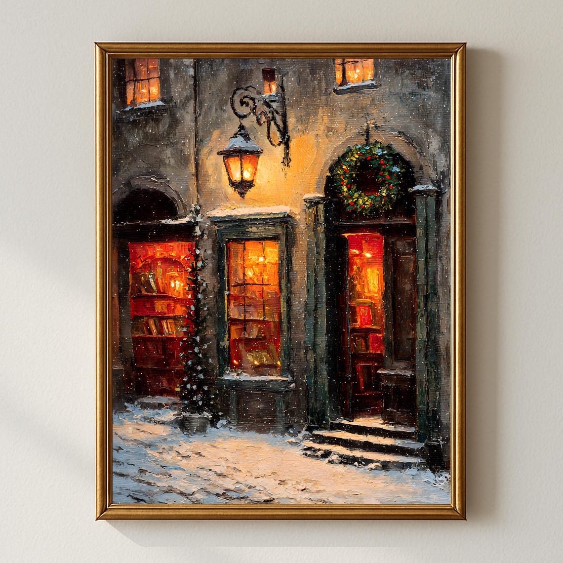 Winter Bookstore Wall Art, Cozy Winter With Wreath And Lantern, Vintage ...