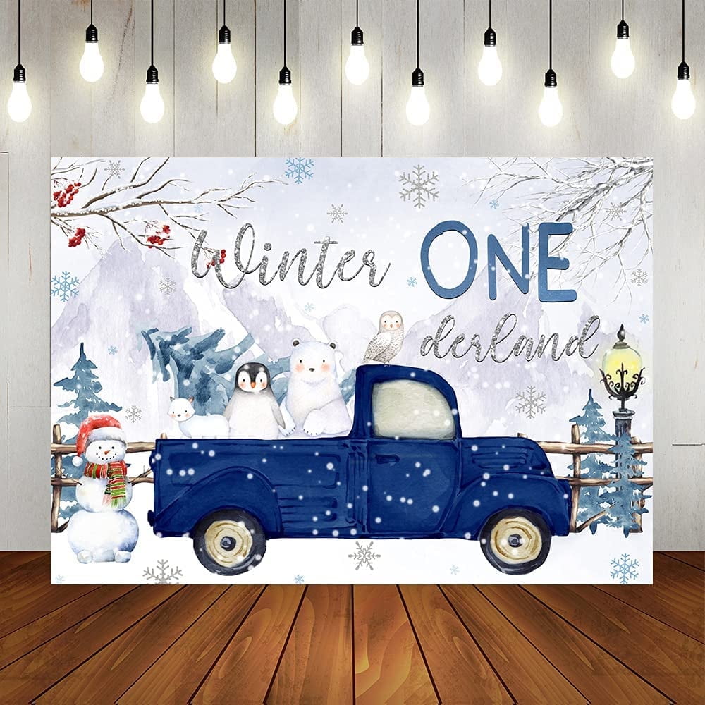Winter Boy Onederland Birthday Party Backdrop Blue Truck Woodland ...