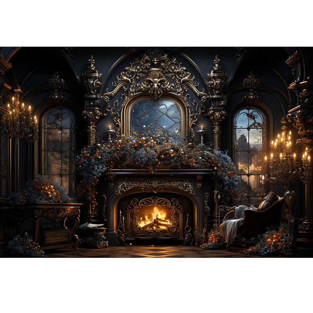 Winter Brick Fireplace Burning Fire Backdrop Custom Merry Christmas ...