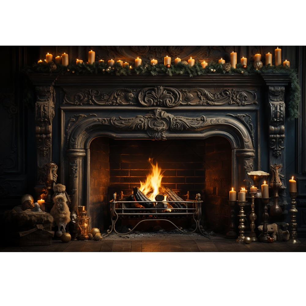 Winter Brick Fireplace Burning Fire Backdrop Custom Merry Christmas ...