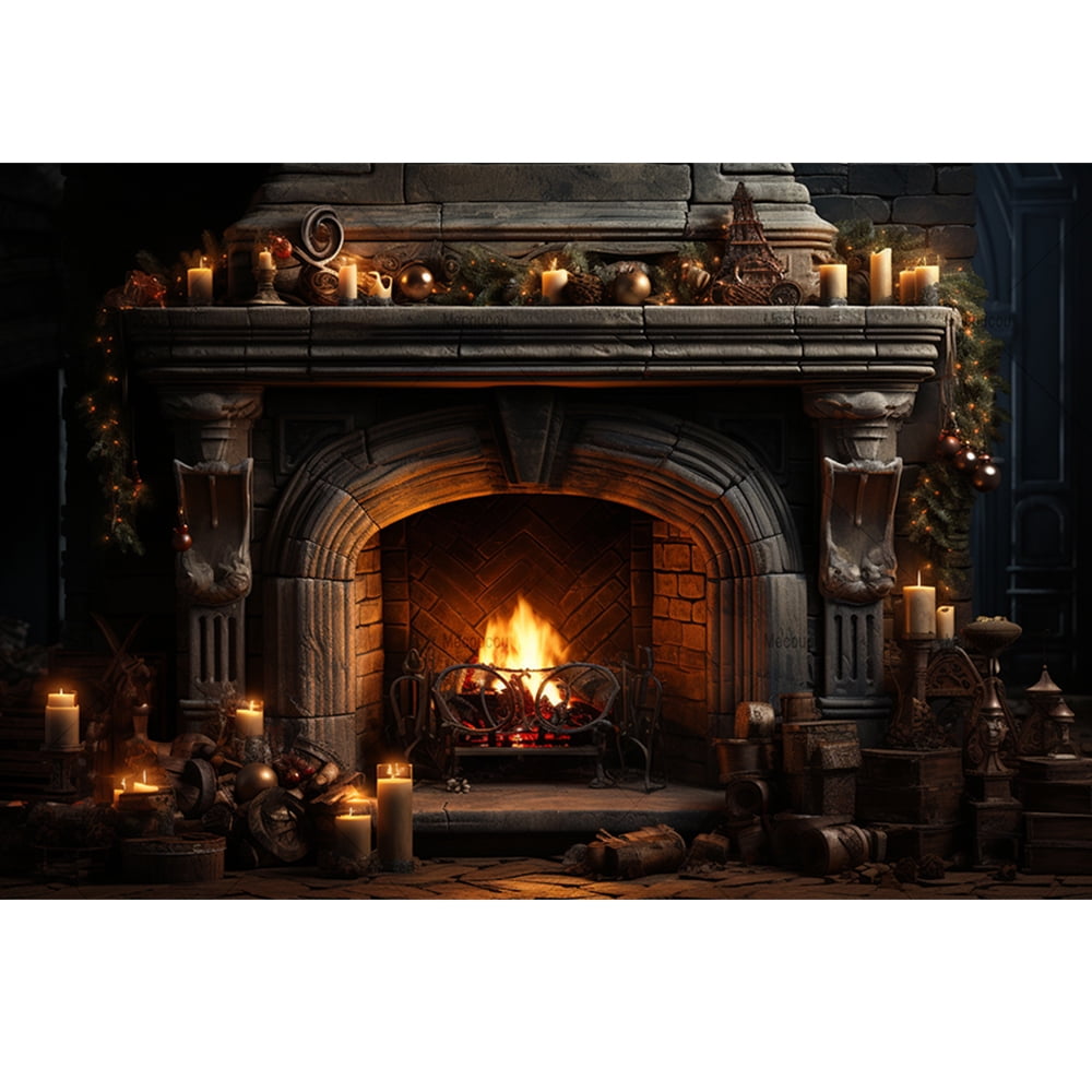Winter Brick Fireplace Burning Fire Backdrop Custom Merry Christmas ...