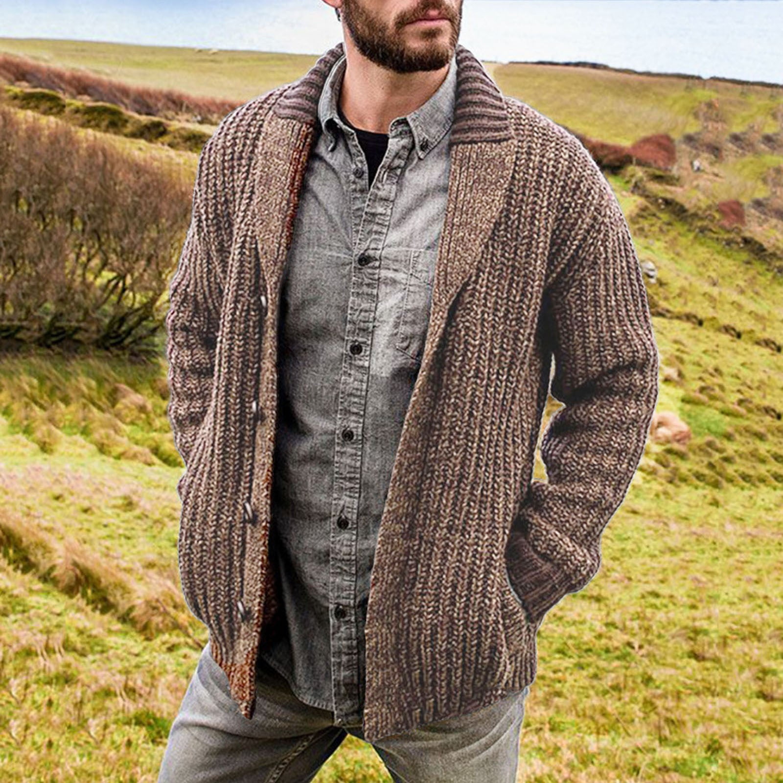 Winter Brown Sweater Coats For Men Mens Cable Knit Cardigan Shawl ...