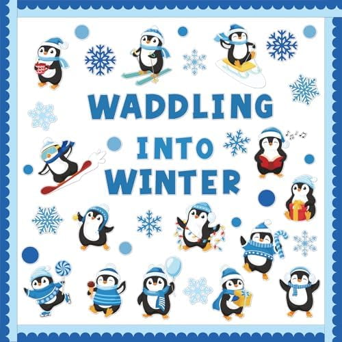 Winter Bulletin Board Decorations Set, Penguin Waddling Into Winter ...