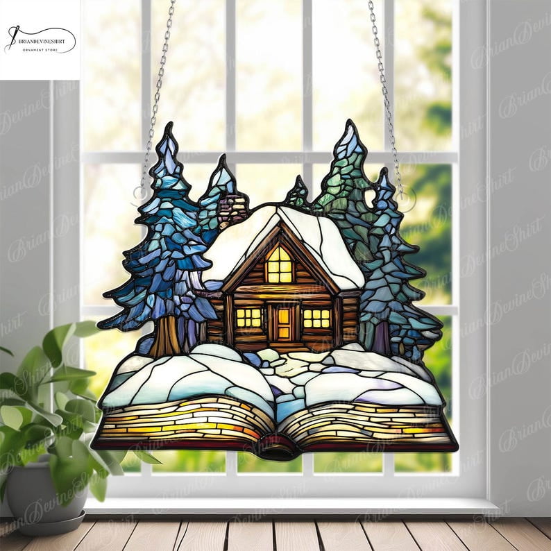 Winter Cabin Acrylic Window Hanging, Storybook Sun Catcher, Cozy Nature ...