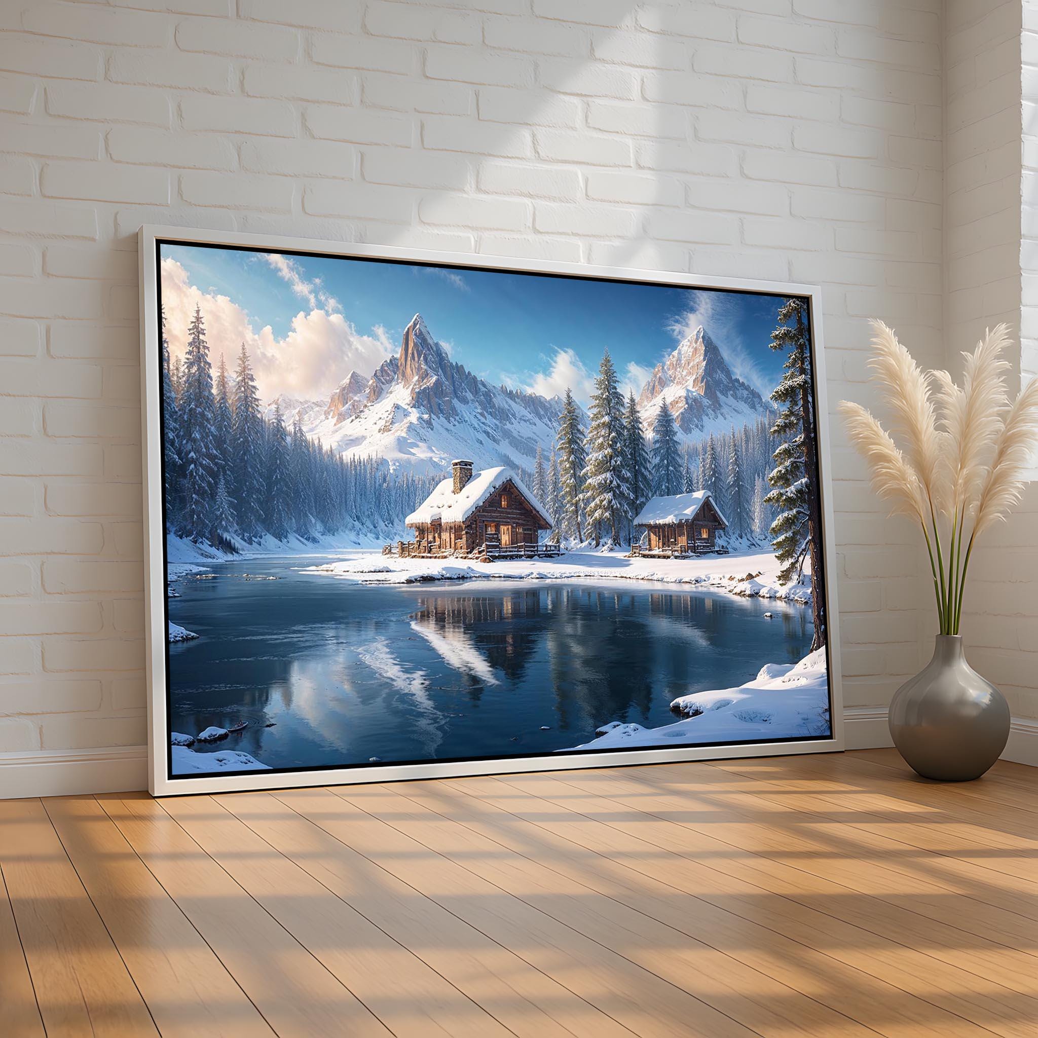 Winter Cabin In Snowy Mountains Wall Art | Cozy Log Cabin By Frozen ...