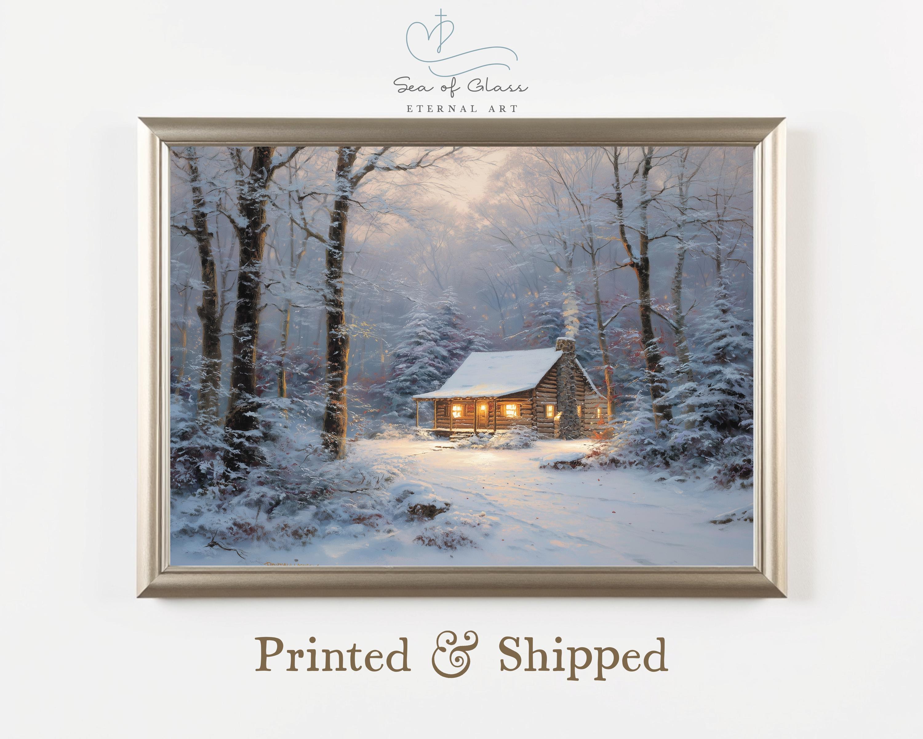 Winter Cabin Poster Rustic Landscape For Farmhouse Warm Present Vintage ...