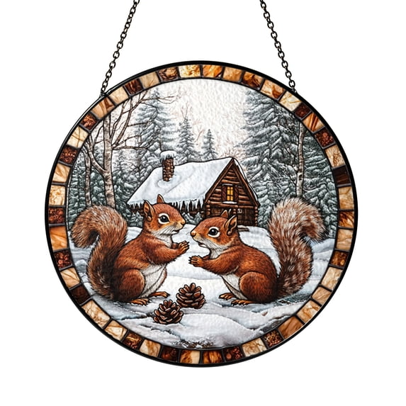 Winter Cabin Stained Glass Style Suncatcher, Fantasy Woodland Squirrel ...