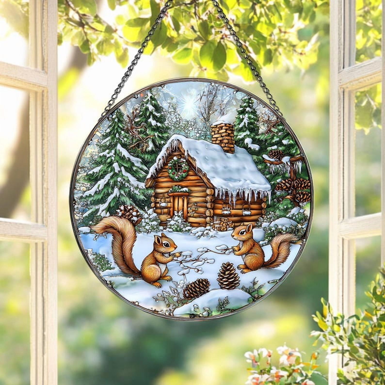 Winter Cabin Suncatcher – Stained Glass Squirrel Window Hanging Decor ...