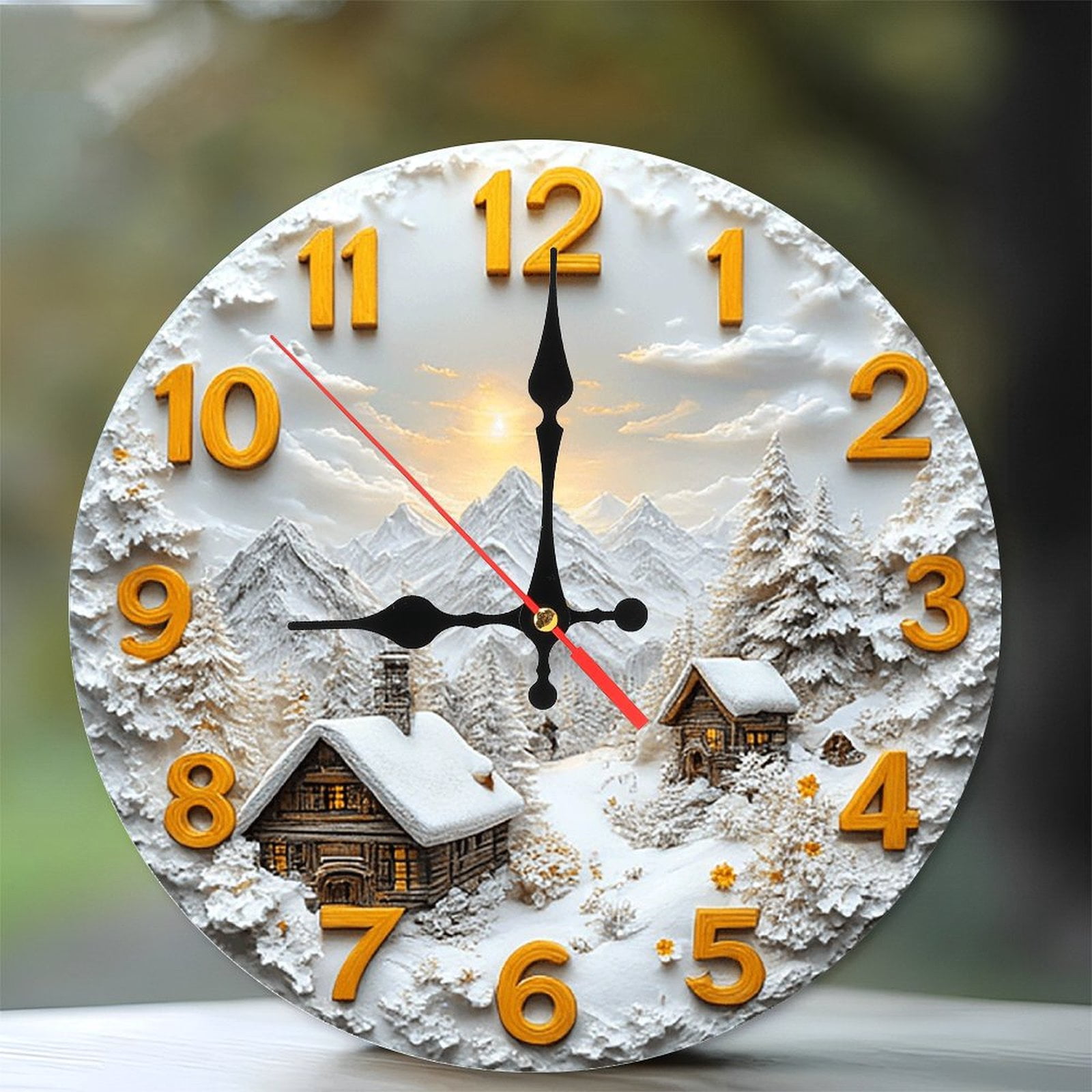 Winter Cabin Sunrise Mountain Wall Clock 10-Inch Silent Wooden Wall ...
