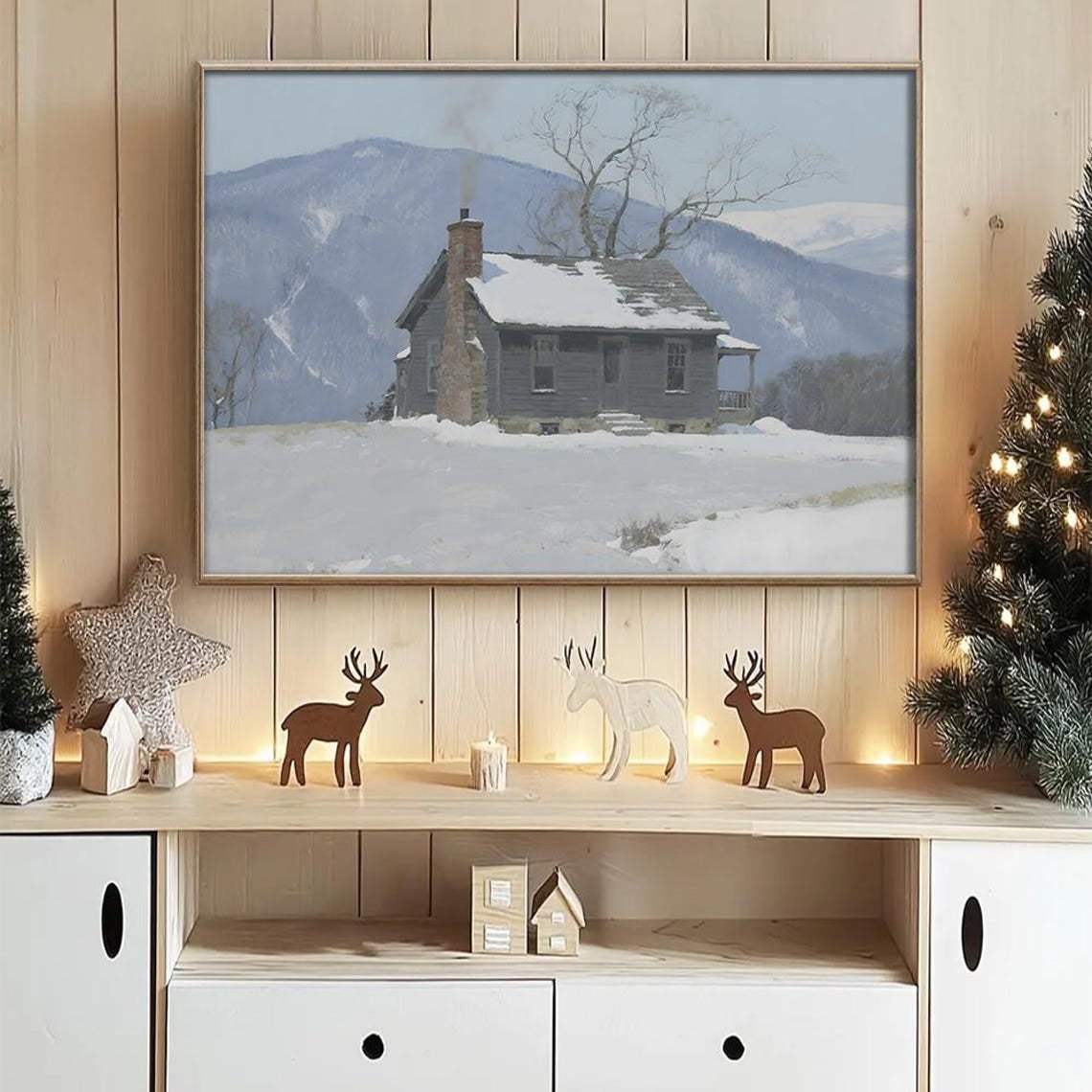 Winter Cabin Wall Art Handmade Frame, Snow Landscape Poster, Rustic ...