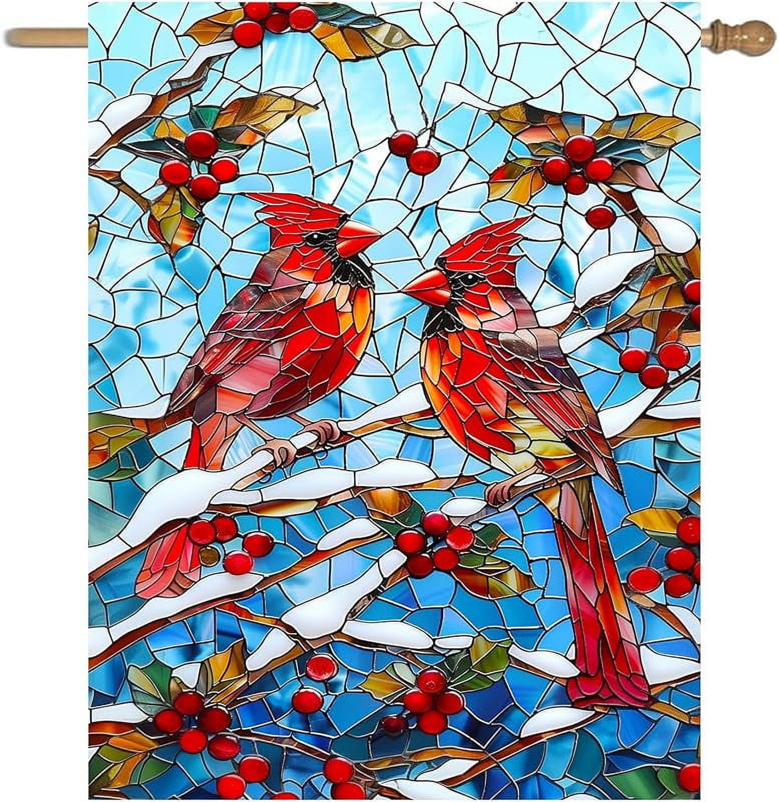 Winter Cardinal Bird Garden Flag for Outside 28x40 Stained Glass Red ...
