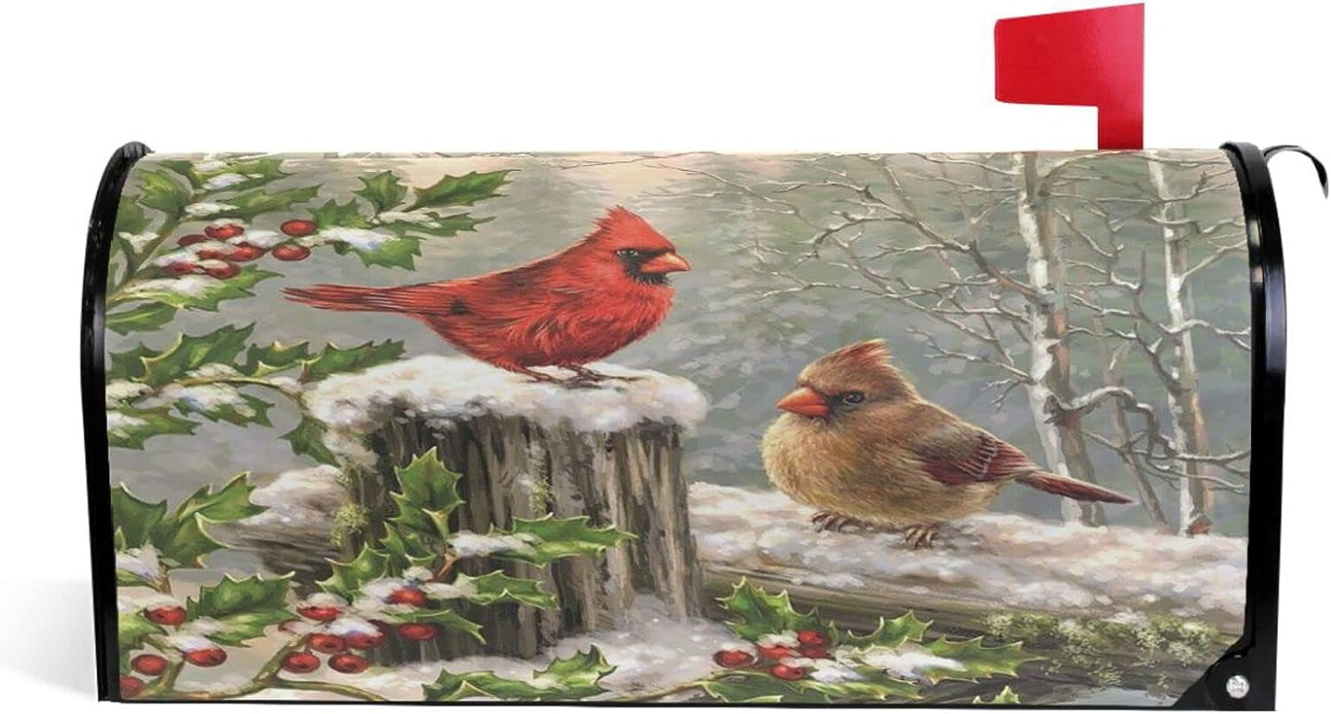 Winter Cardinal Birds Mailbox Covers Magnetic Holly Berry Branches Snow ...