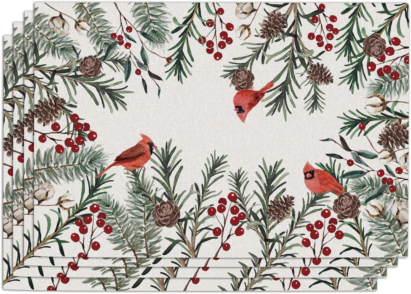 Winter Cardinal Birds PVC Placemats Set of 4, Pine Cone Needle Branches ...