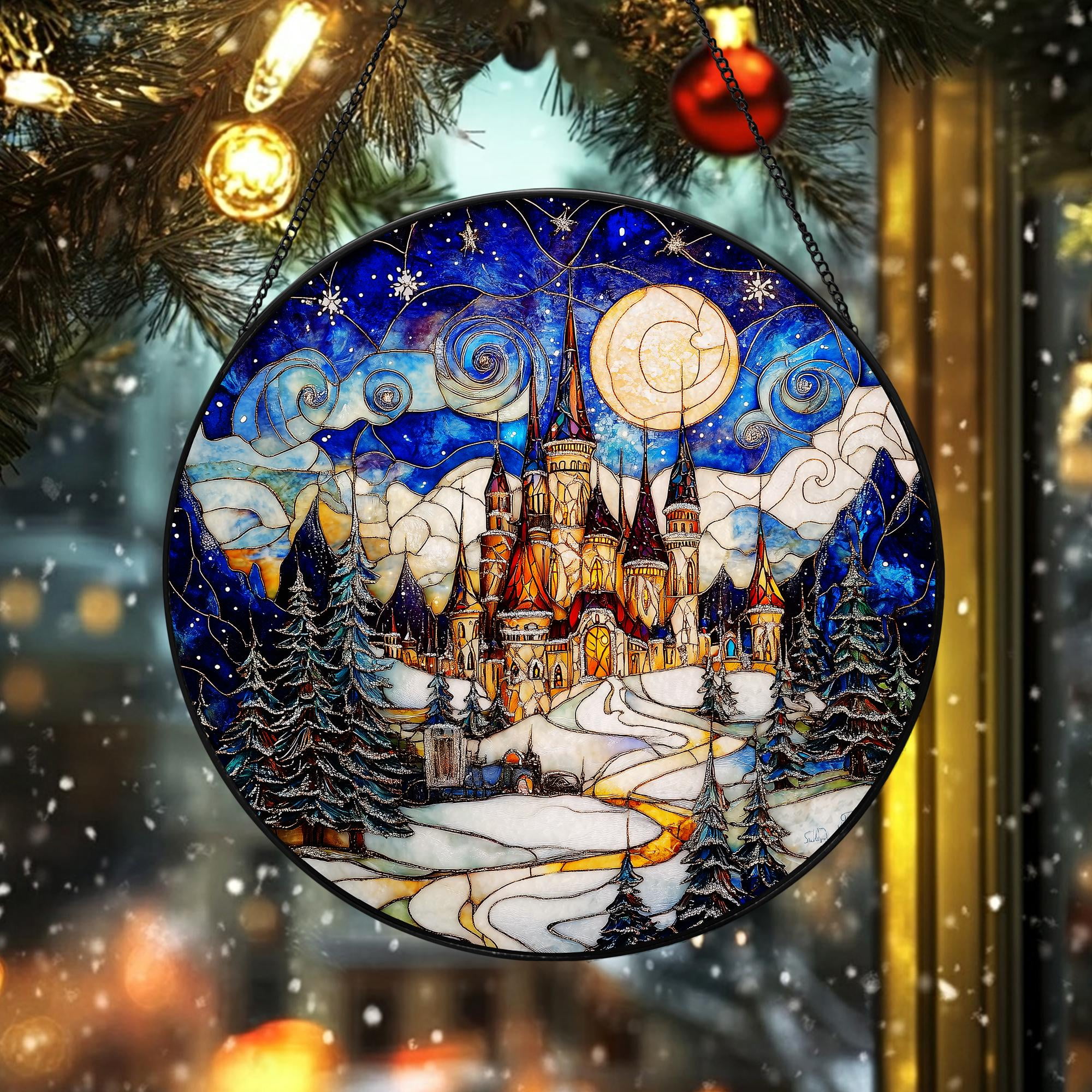 Winter Castle Faux Stained Glass Suncatcher, Moonlight Snowy Night ...