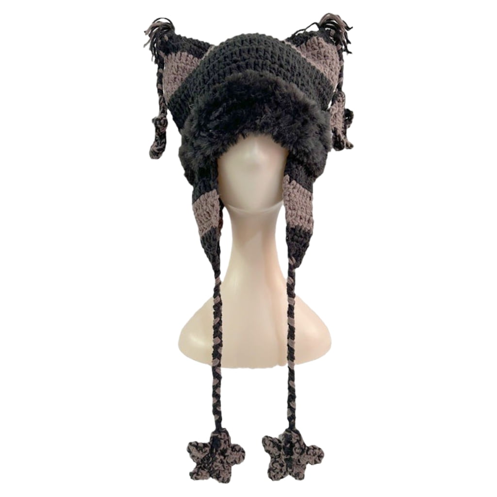 Winter Cat Ear Furry Bucket Hat Knitted Warm Hat for Womens Streetwear ...