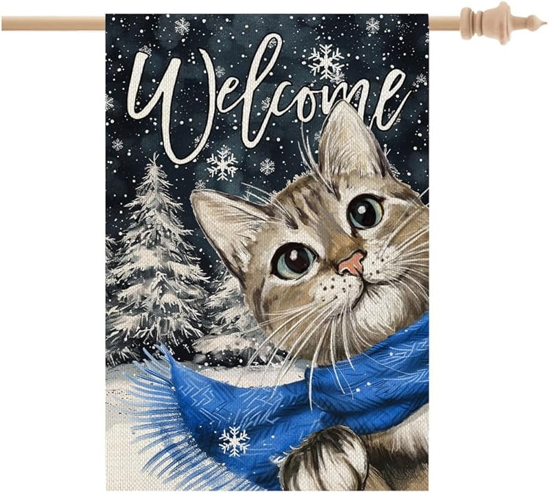 Winter Cat House Flag Double Sided for Outside Large Burlap Welcome ...