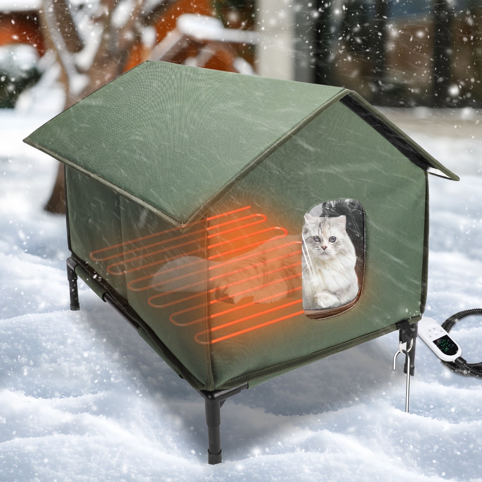 YUWENUS Heated Cat House with Heated Pad and Escape Door for Outdoor ...