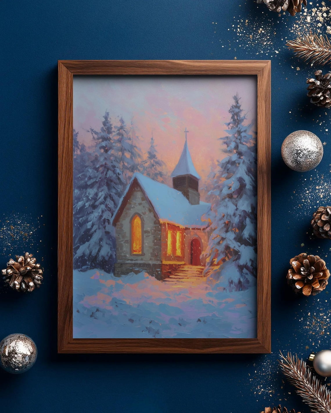Winter Chapel Glow | Peaceful Snowy Church | Cozy Wall Art Print ...