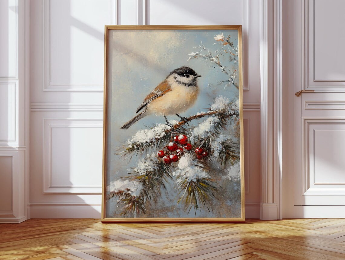 Winter Chickadee Bird Wall Art – Snowy Branch With Berries Painting ...
