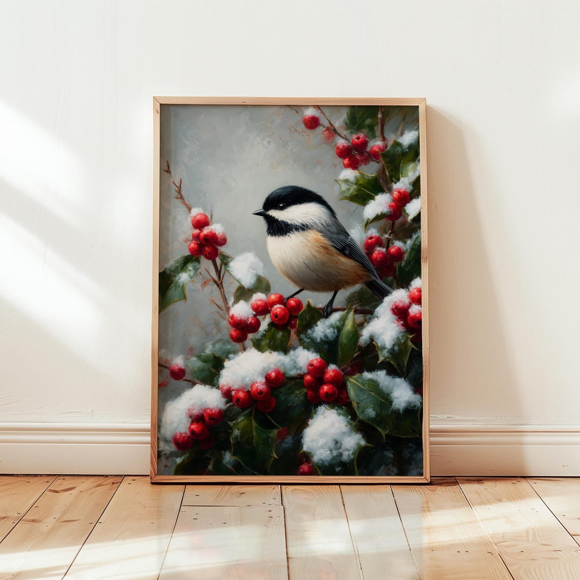 Winter Chickadee With Holly Posters, Rustic Vintage Snow-Covered Still ...