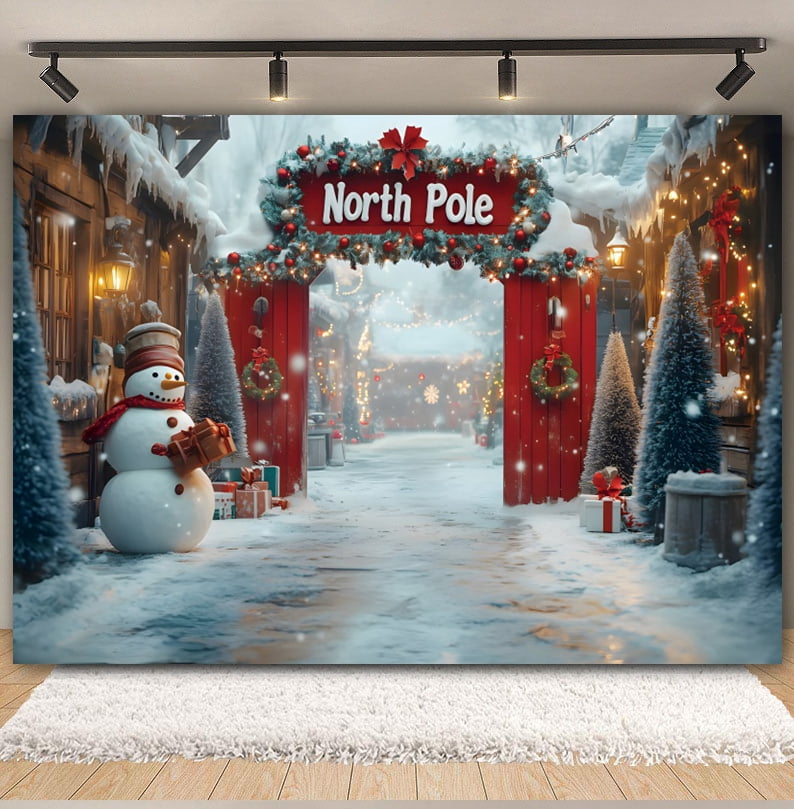 Winter Christmas Backdrop North Pole Town Red Wood Door Xmas Tree ...
