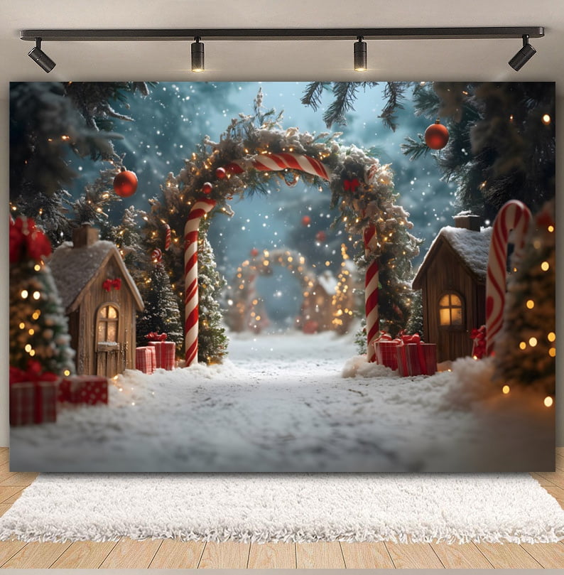 Winter Christmas Backdrop North Pole Town Red Wood Door Xmas Tree ...
