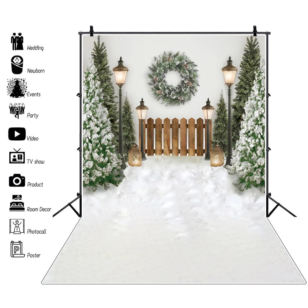 Winter Christmas Backdrops For Photography Pine Trees Wreath Fence ...